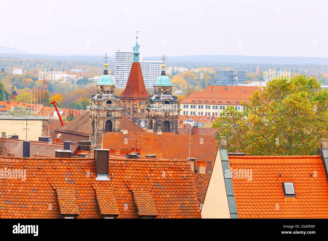 Scenic view of Nuremberg historic rooftops, featuring ornate towers of ...