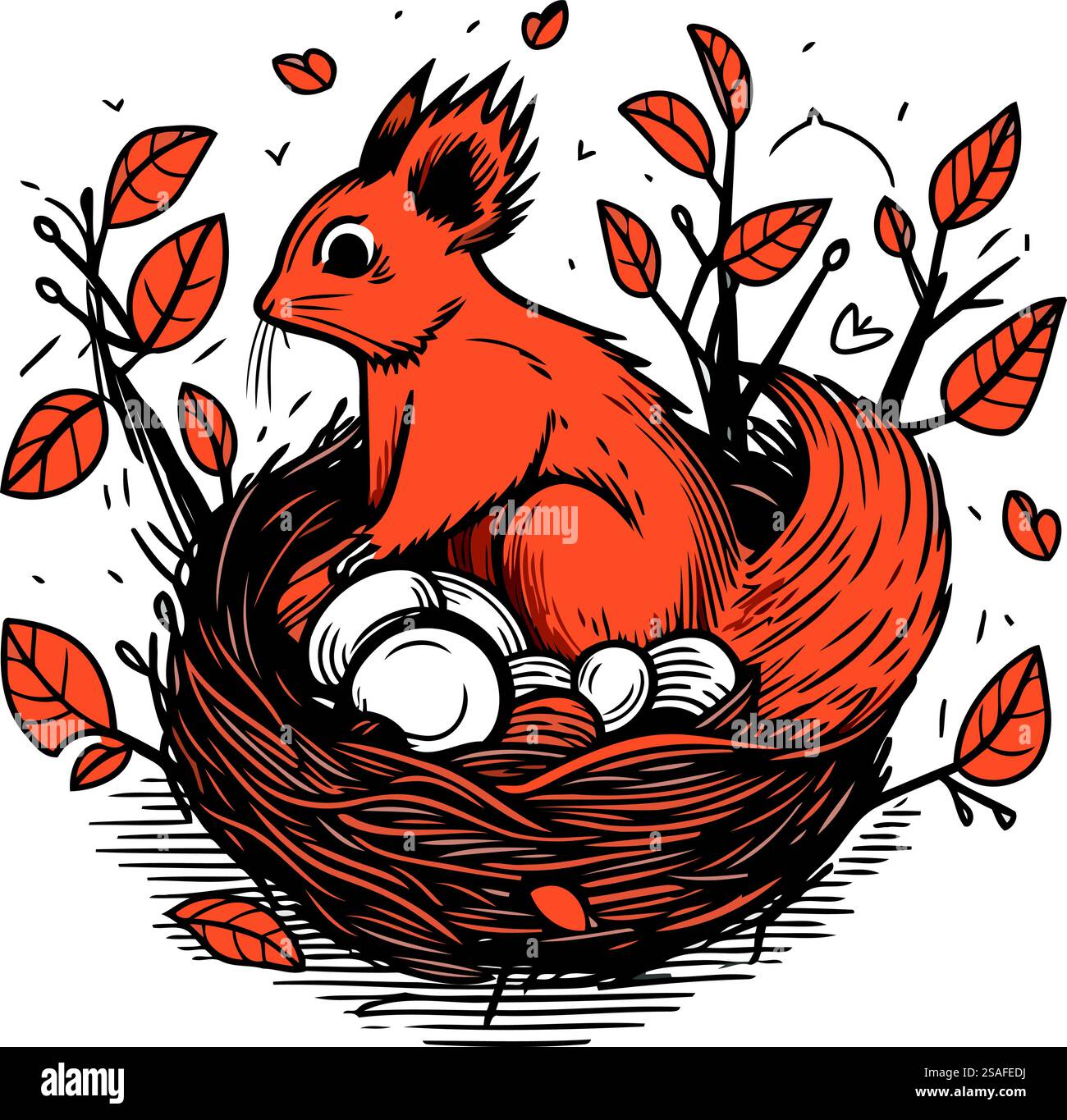Hand drawn vector illustration of a squirrel in a nest with eggs Stock ...
