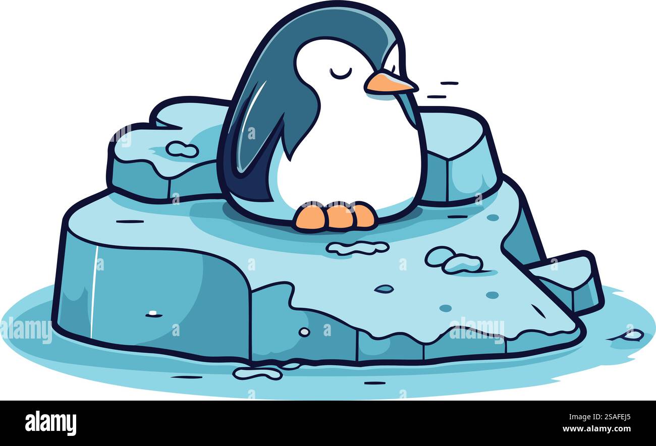 Cute penguin sitting on the ice. Vector illustration in cartoon style ...
