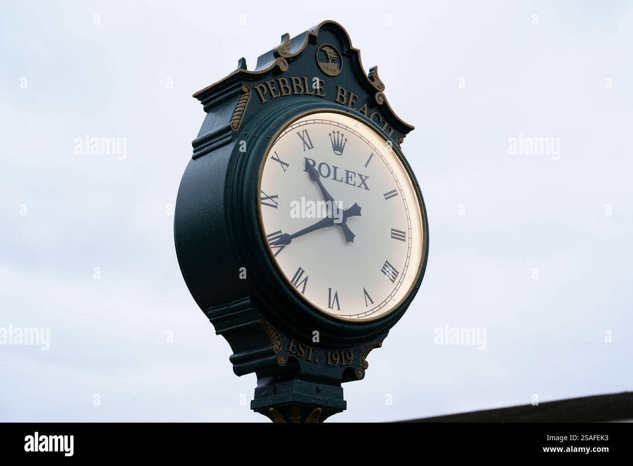 PEBBLE BEACH, CA - JANUARY 29: A Rolex clock located by the practice ...