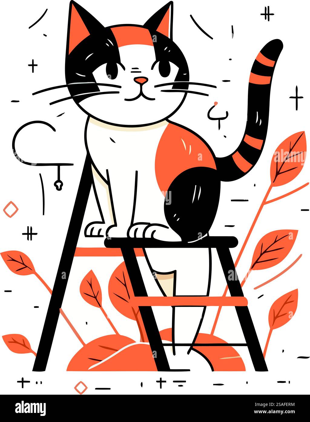 Cute cat sitting on a ladder. Vector illustration in flat style Stock ...