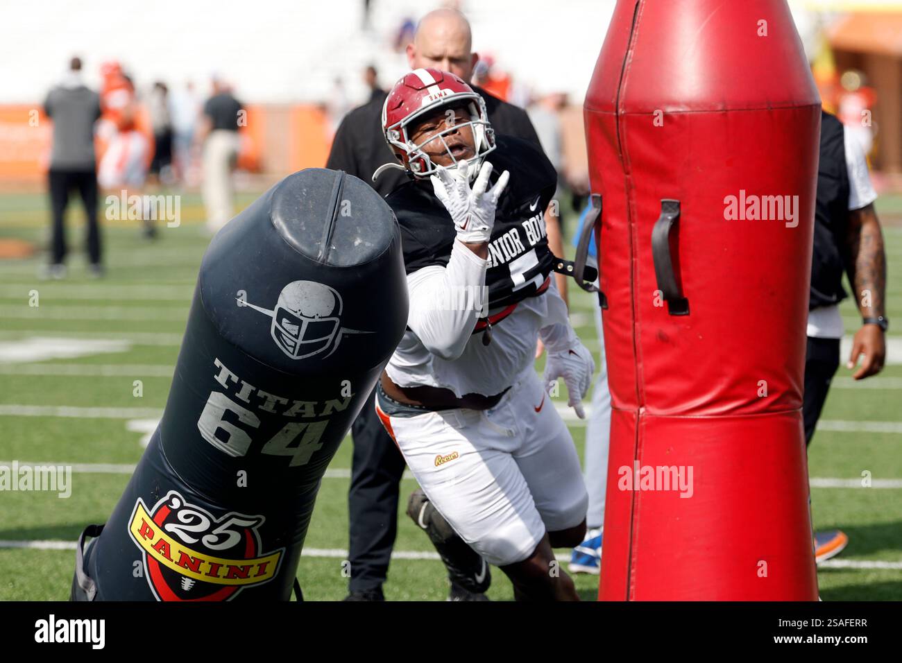 American team linebacker Tim Smith of Alabama (5) runs through drills ...