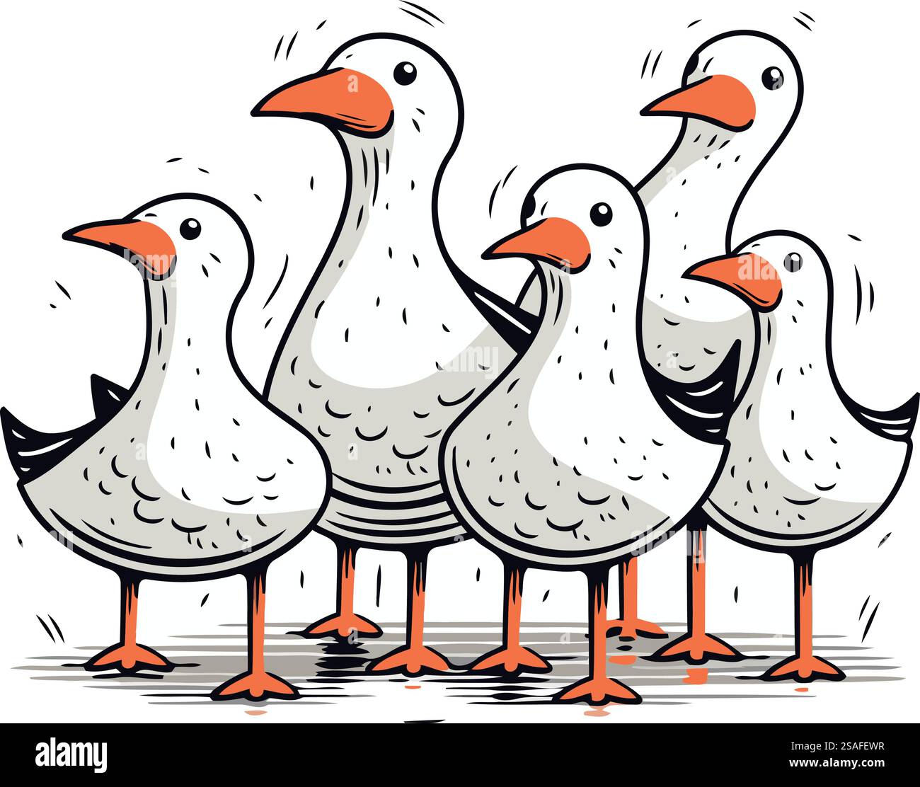 Vector illustration of a flock of ducks on a white background. Hand ...