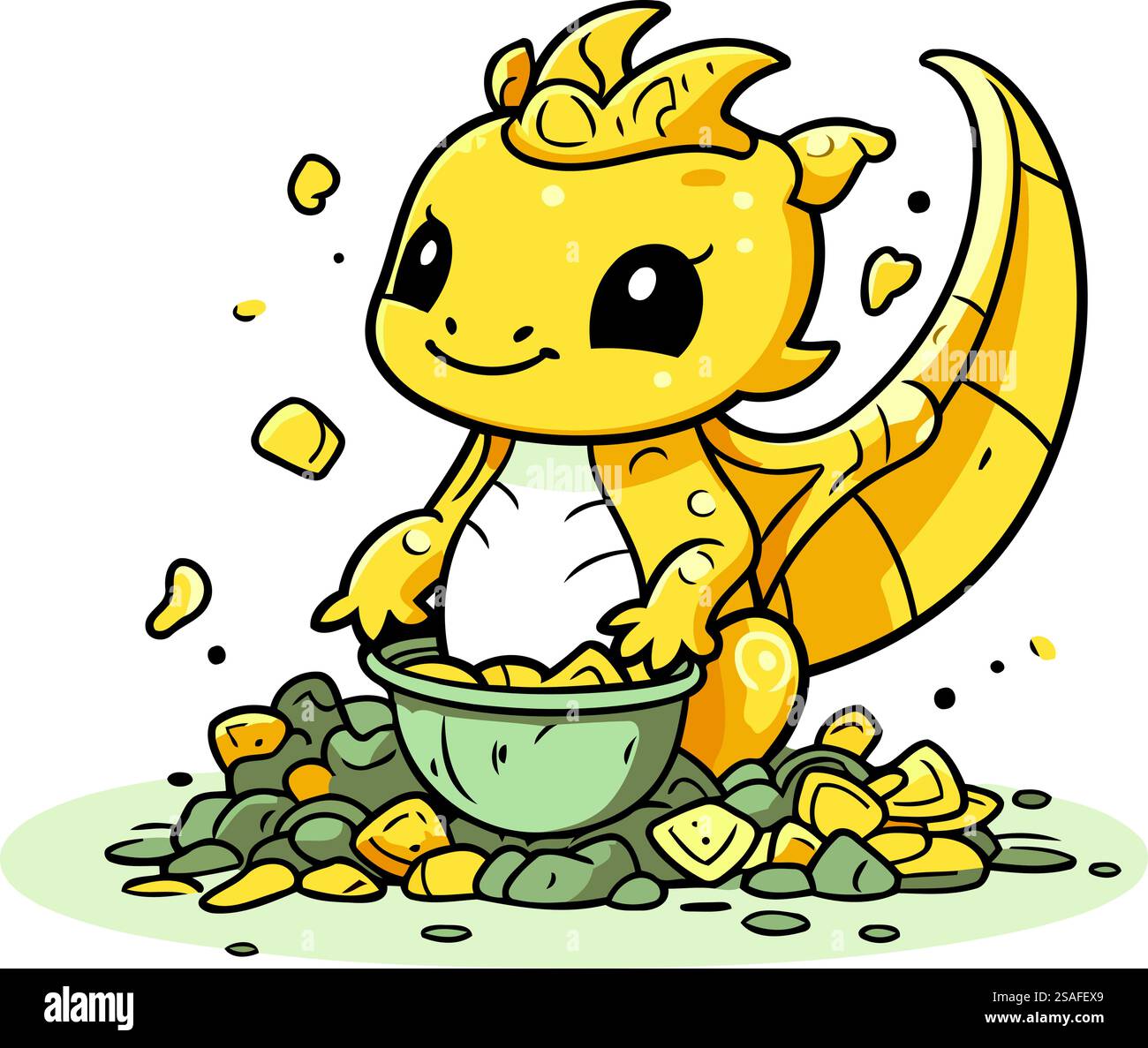 Cute cartoon dragon with bowl full of gold coins. Vector illustration ...