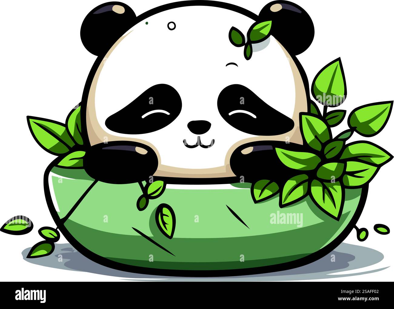 Cute panda bear in a bowl with leaves. Vector illustration Stock Vector ...