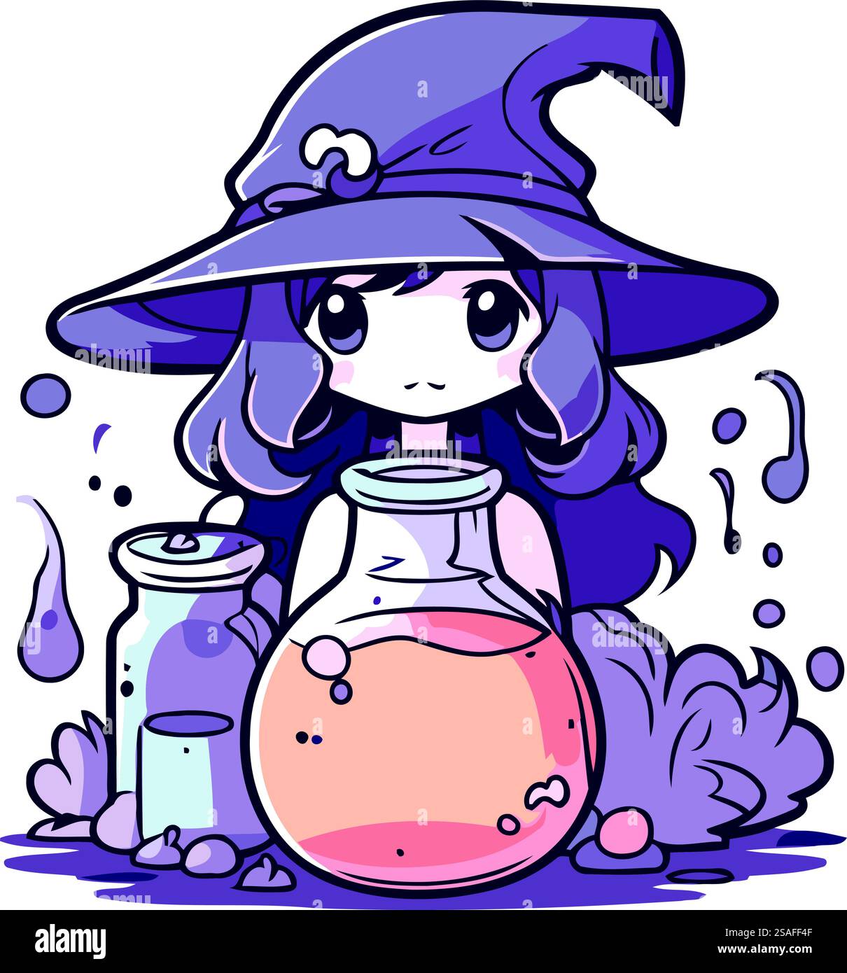 Cute cartoon witch with potion. Vector illustration of a cute witch ...