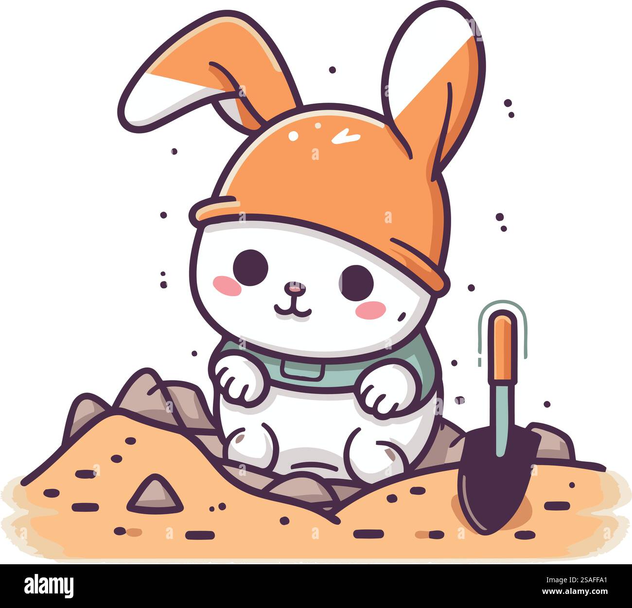 Cute little rabbit with a shovel in the sand. Vector illustration Stock ...
