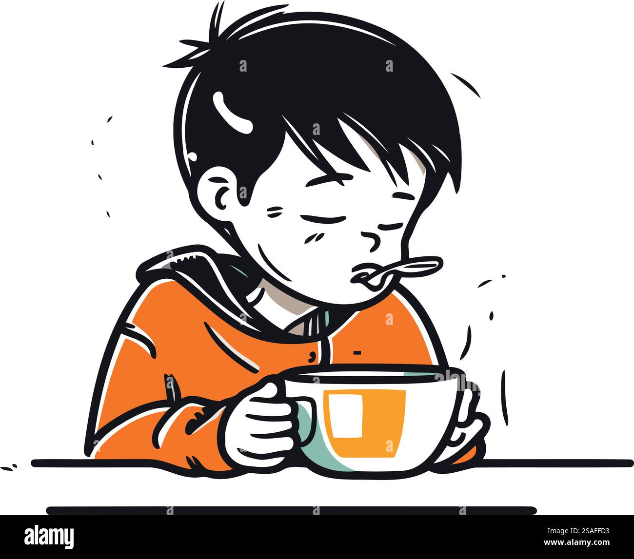 Boy eating a cup of tea. Vector hand drawn cartoon illustration Stock ...