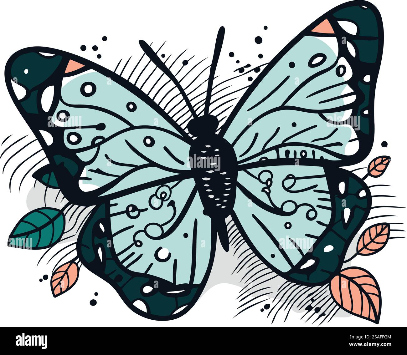 Butterfly with leaves. Hand drawn vector illustration in doodle style ...