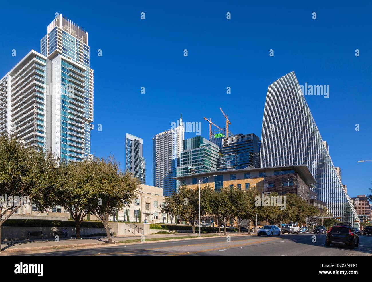 Modern skyscrapers and urban architecture in downtown Austin, Texas, on ...