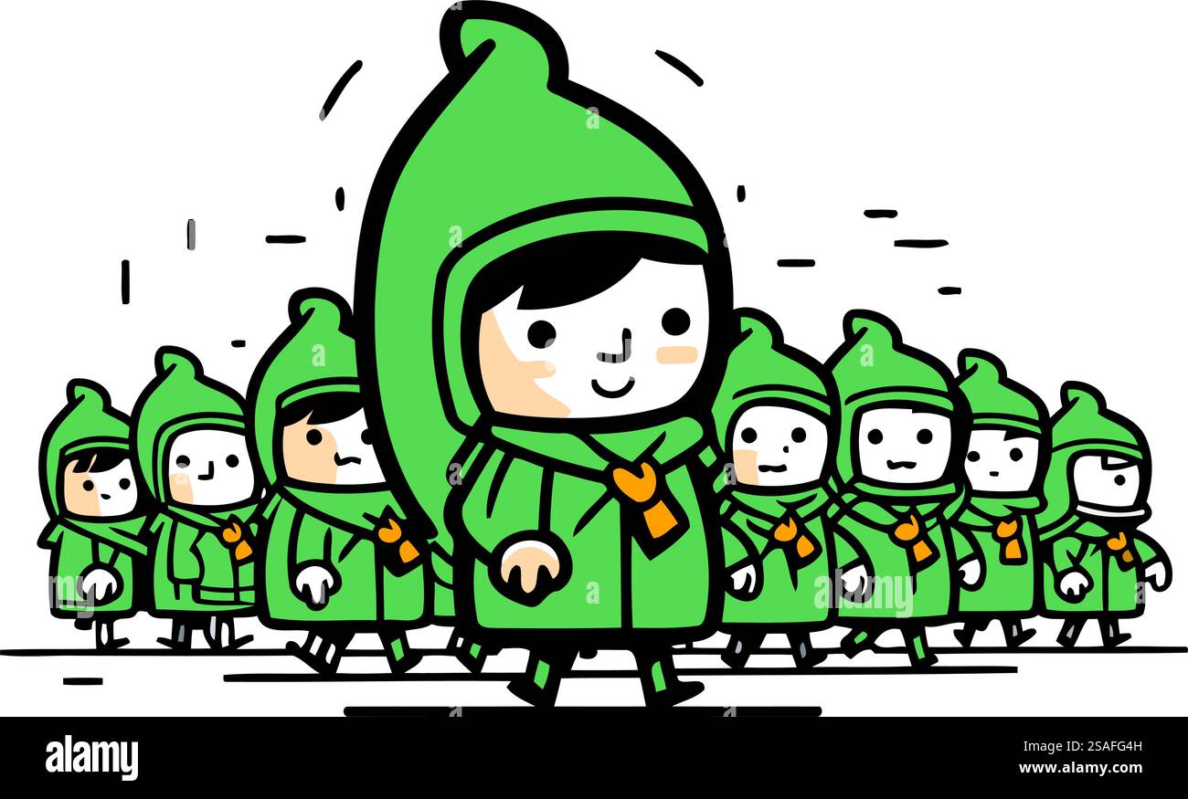 Cute little kids in military uniform standing in line. Vector ...