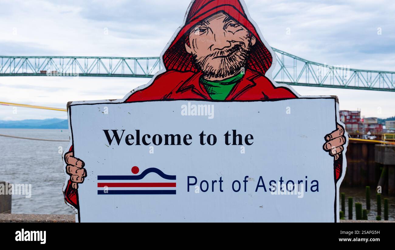 Astoria, Oregon, USA - May 21, 2019: Welcome sign for port. Welcoming ...