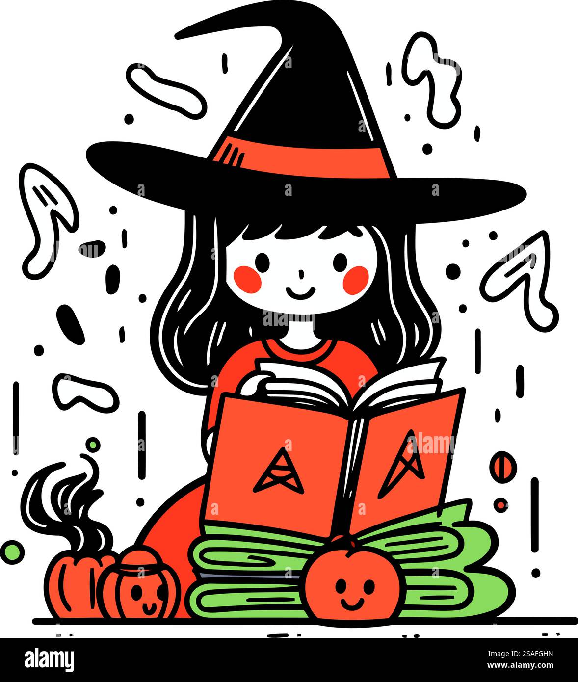 Cute little witch reading book. Vector illustration in doodle style ...