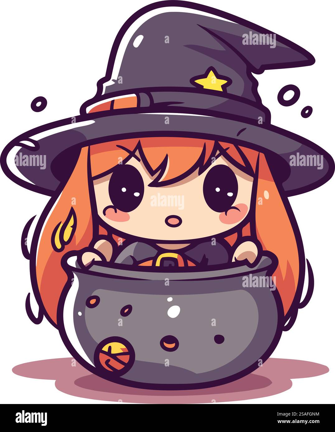 Cute little witch girl with a pot of potion. Vector illustration Stock ...