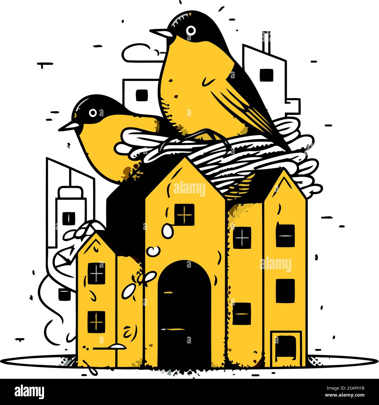 Two birds sitting on the roof of a house. Vector illustration Stock ...