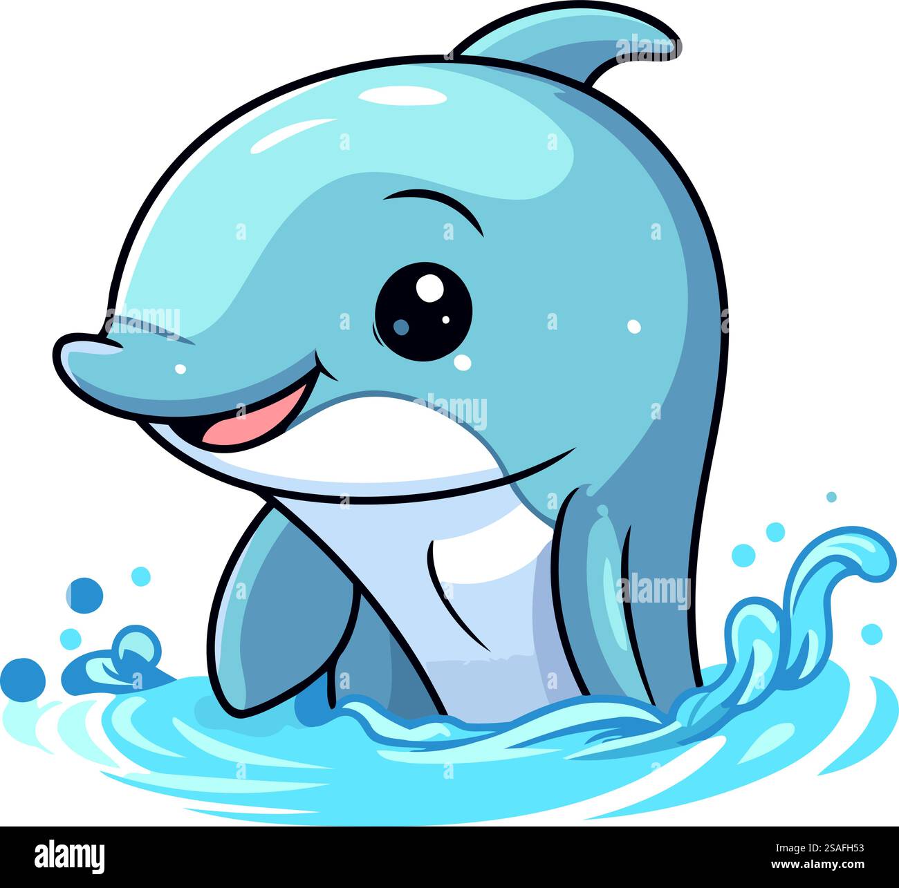 Cute cartoon dolphin swimming in the sea. Vector illustration of a cute ...