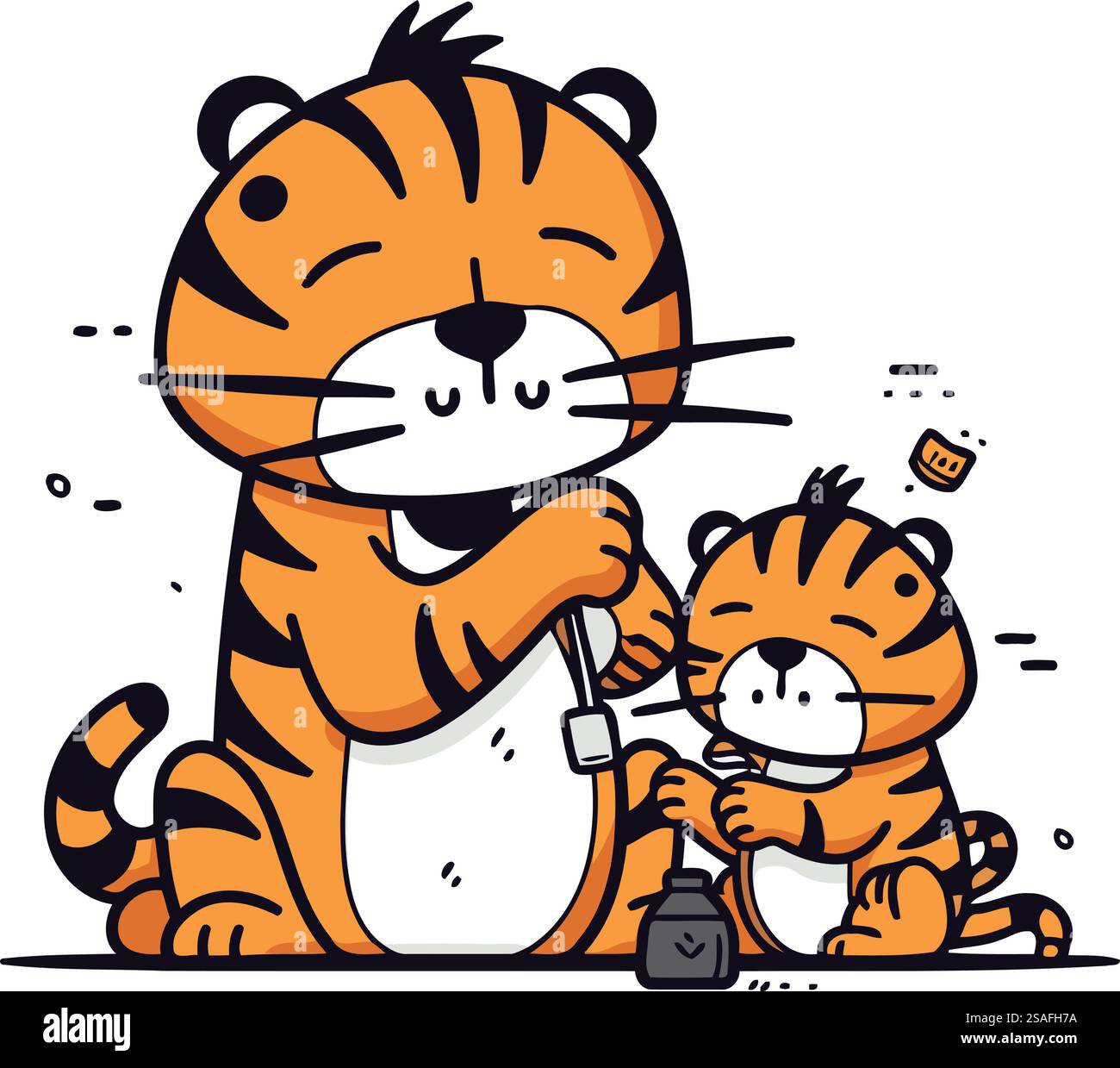 Cute cartoon tiger and his mother. Vector illustration in doodle style ...