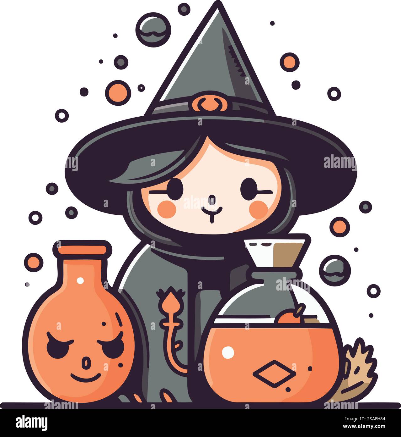 Cute little witch with potion. Vector illustration in cartoon style ...
