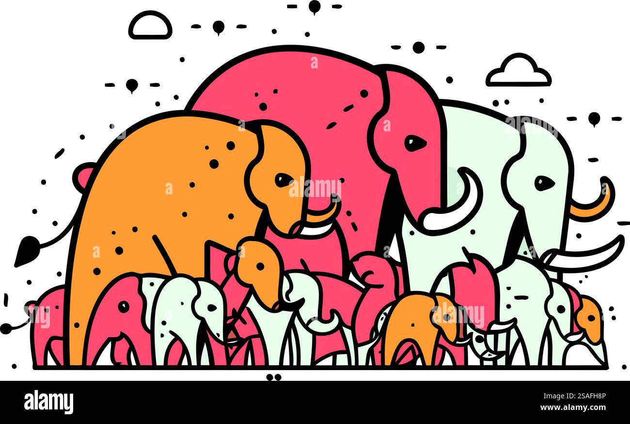 Vector illustration of a group of elephants in a line art style Stock ...