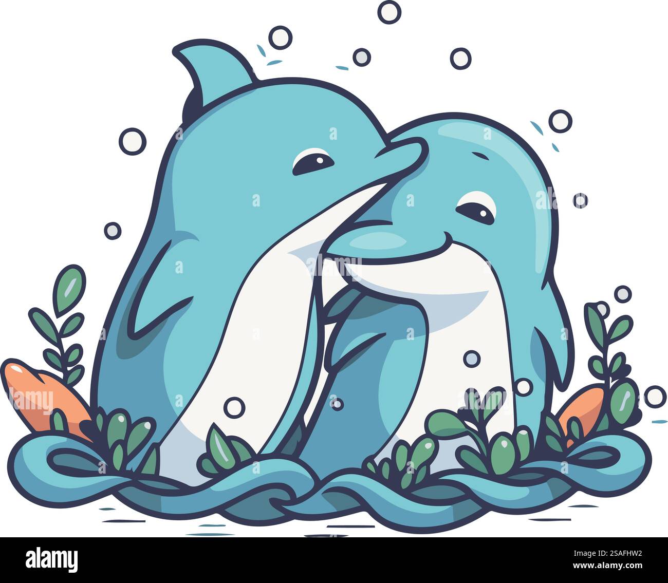 Cute cartoon couple of dolphins swimming in the sea. Vector ...