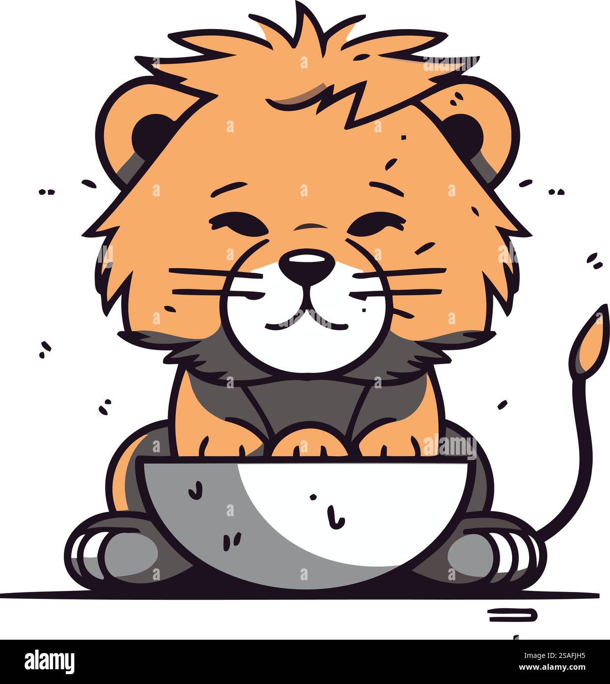 Cute cartoon lion sitting with bowl of food. Vector illustration Stock ...