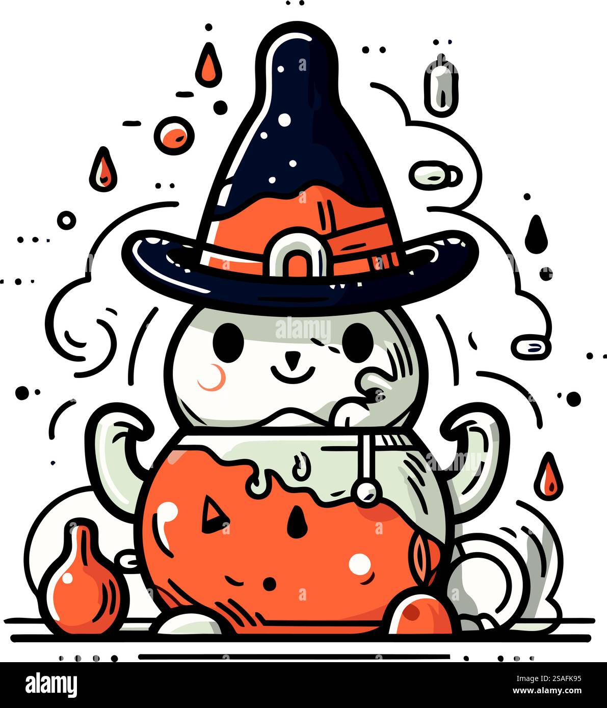 Vector illustration of a cute snowman in a witch hat with a magic ...