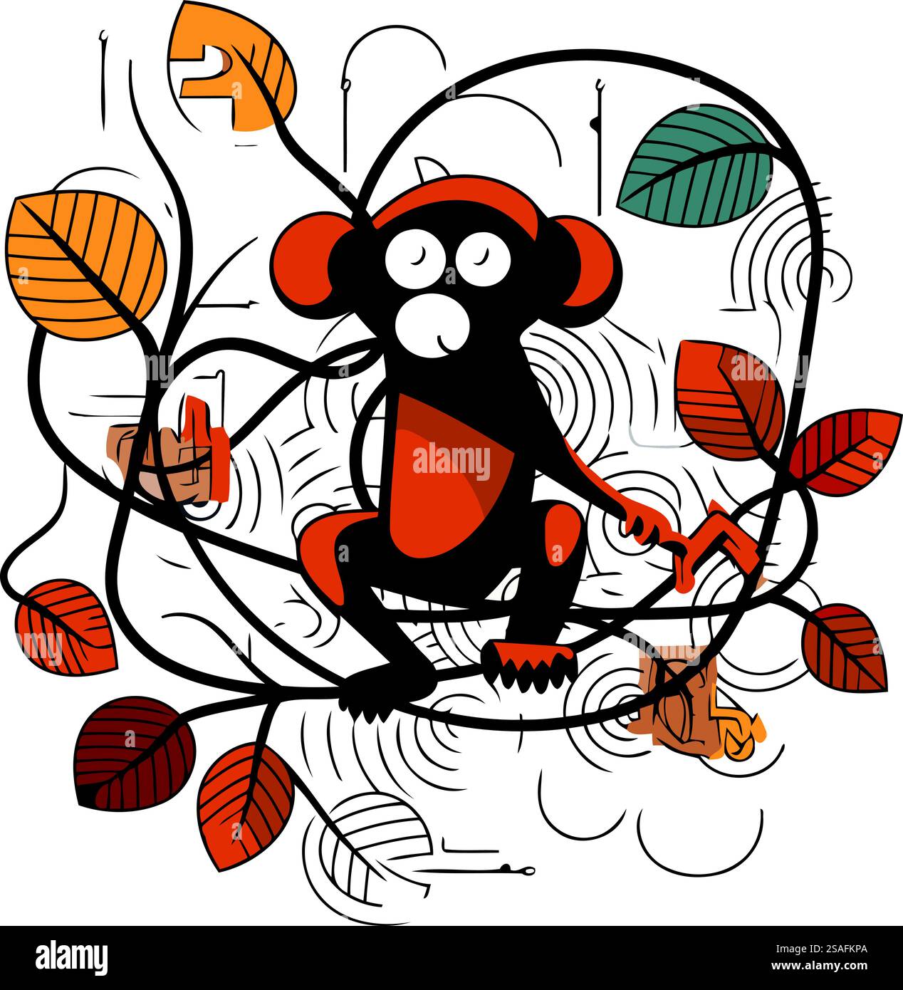 Monkey sitting on a tree branch with leaves. Vector illustration Stock ...