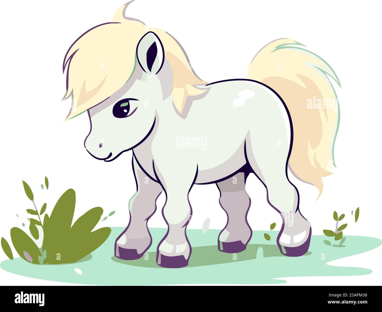 Vector illustration of a white pony standing in the grass. Isolated on ...