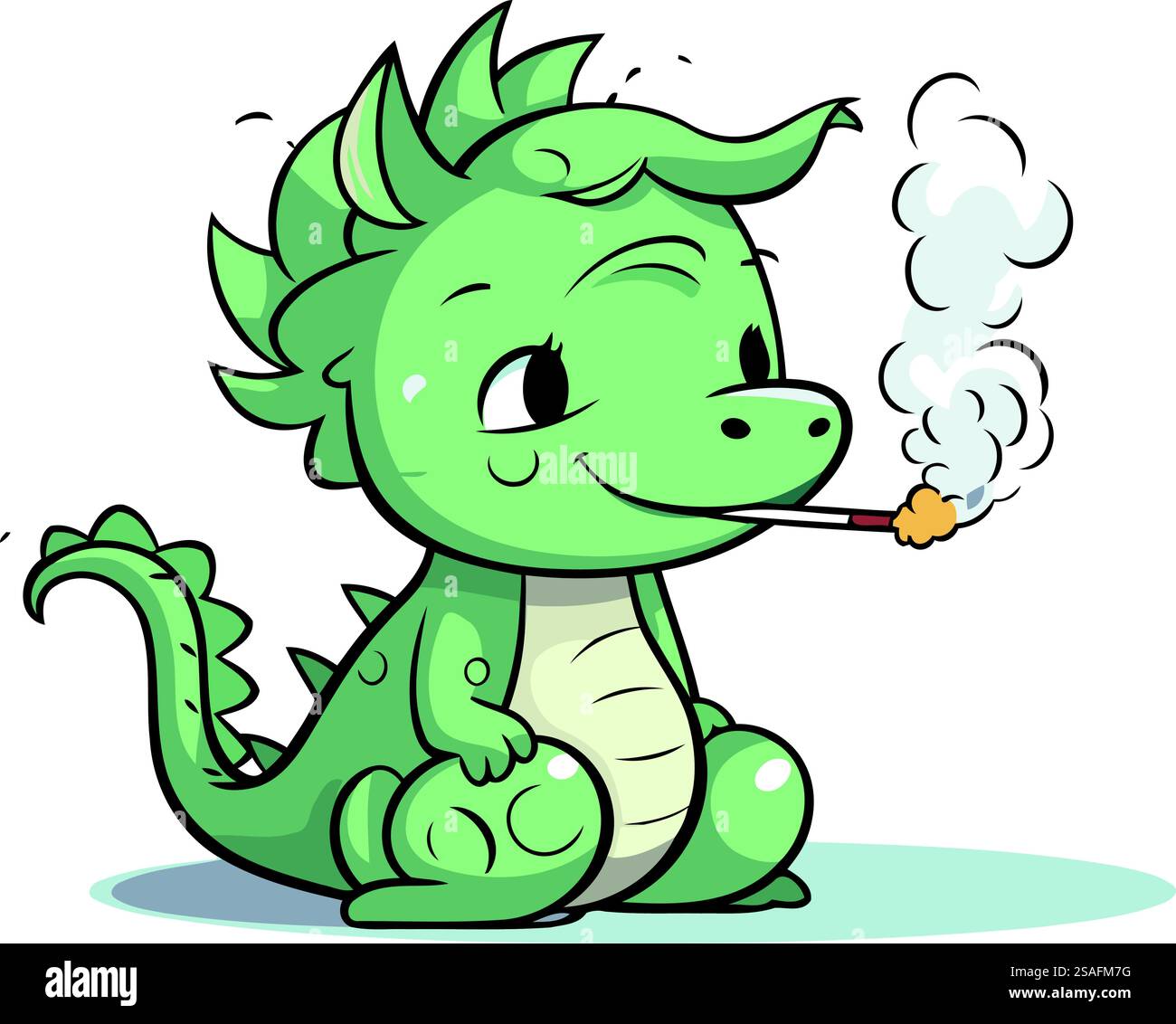 Cute cartoon green dragon smoking a cigarette. Vector illustration ...