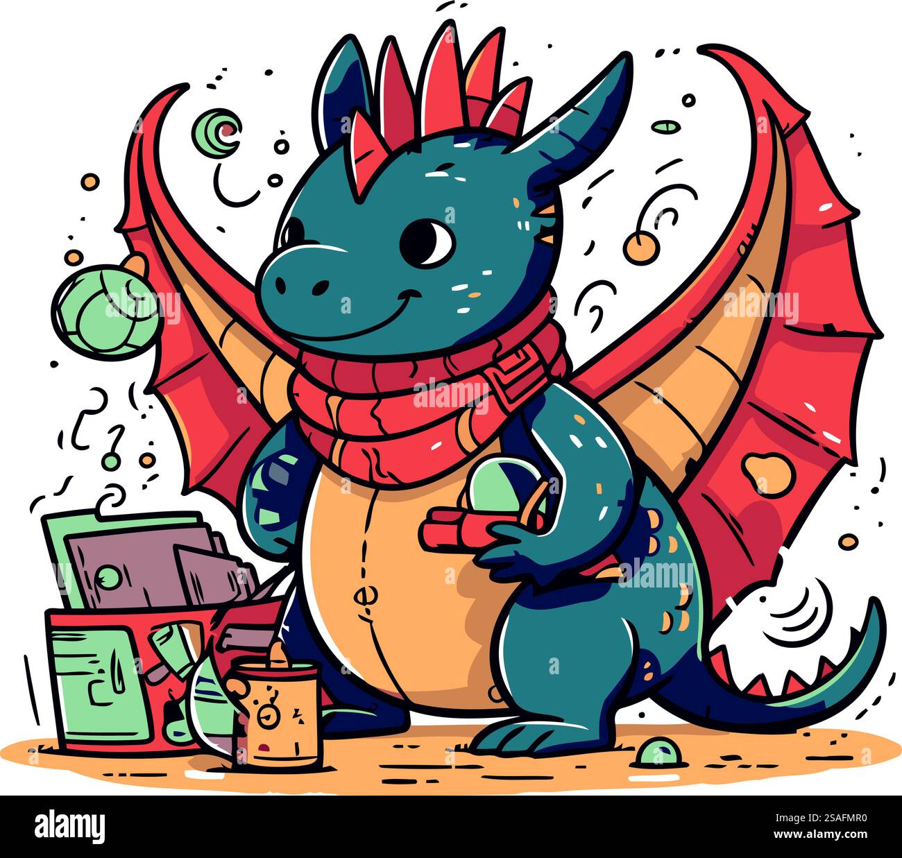 Cute cartoon dragon. Vector illustration of a dragon with a book Stock ...