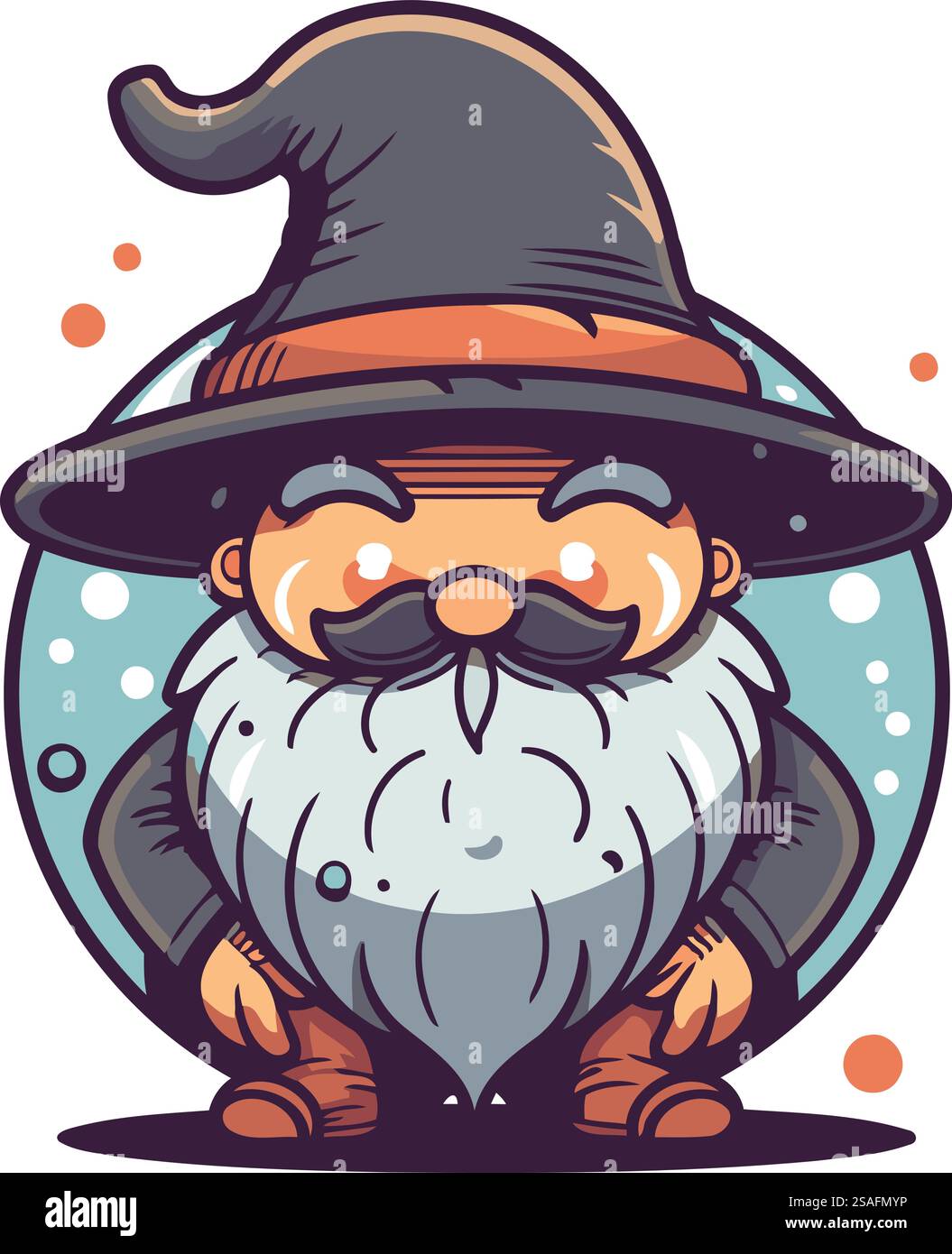 Funny cartoon wizard with long beard and hat. Vector illustration Stock ...