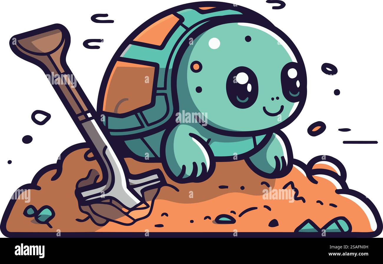 Cute turtle digging a hole with shovel. Cartoon vector illustration ...