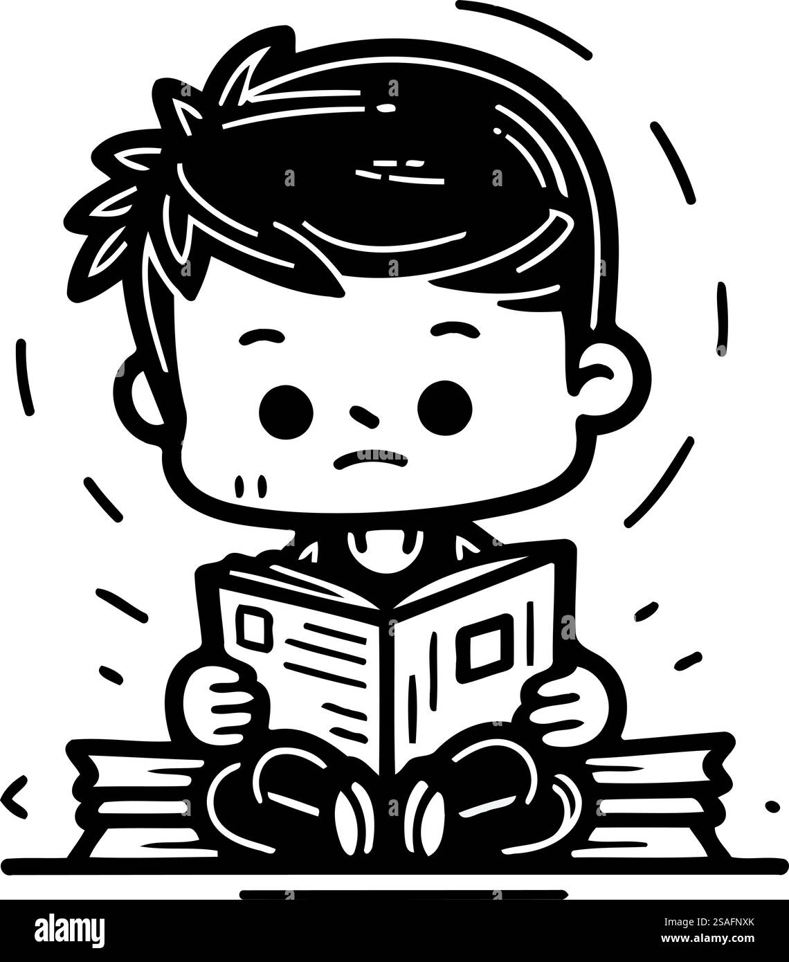 Illustration of a Kid Reading a Book Black and White Cartoon Style ...