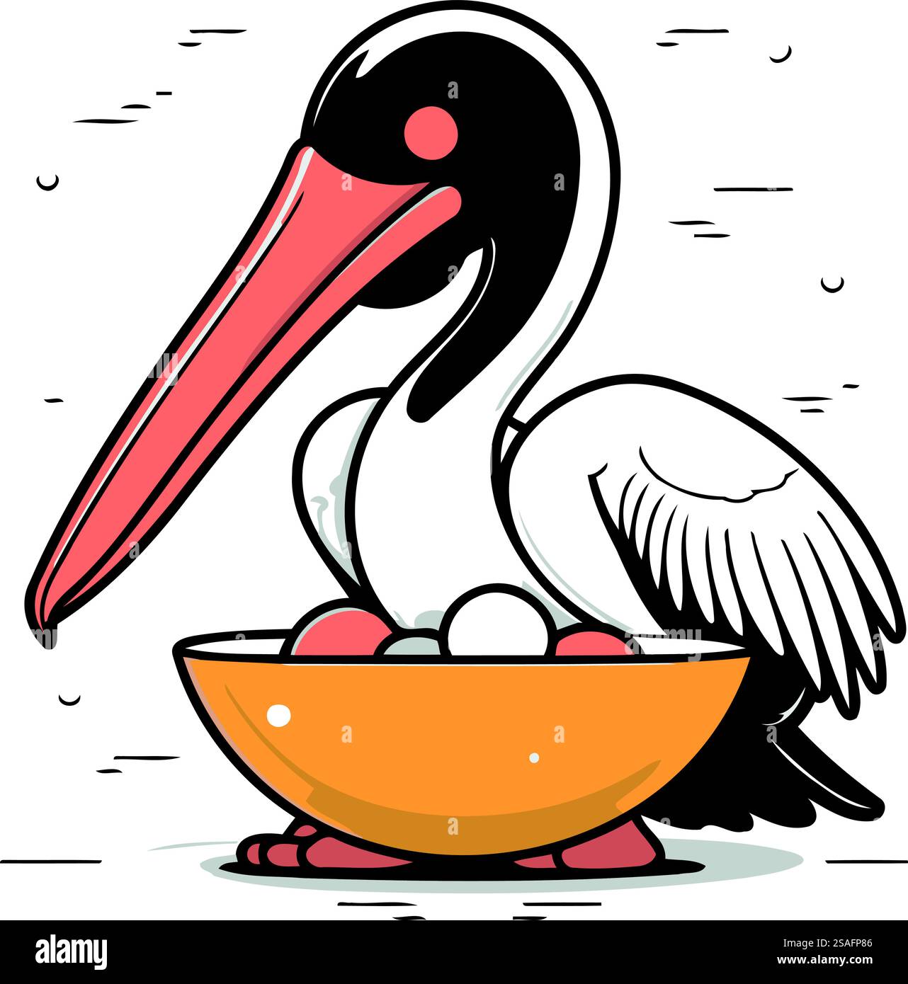 Pelican with bowl of eggs. Vector illustration in cartoon style Stock ...