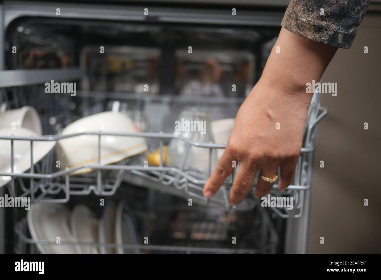 Hand placing dishes in a dishwasher Stock Photo - Alamy