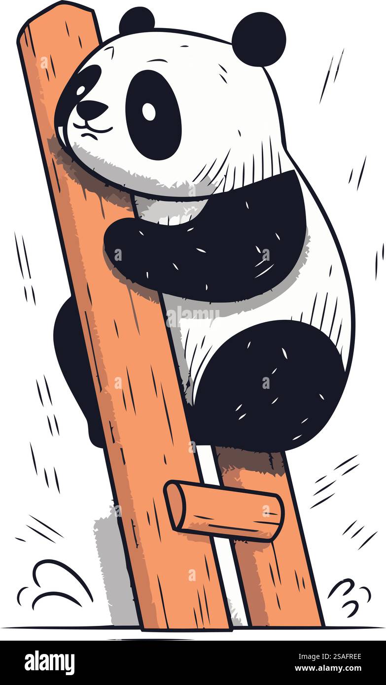 Cute cartoon panda bear climbing a wooden ladder. Vector illustration ...