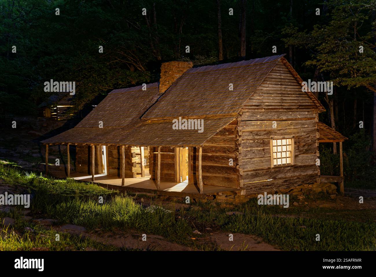 Noah 'Bud' Ogle cabin at dusk, Roaring Fork Motor Nature Trail, Great Smoky Mountains National ...