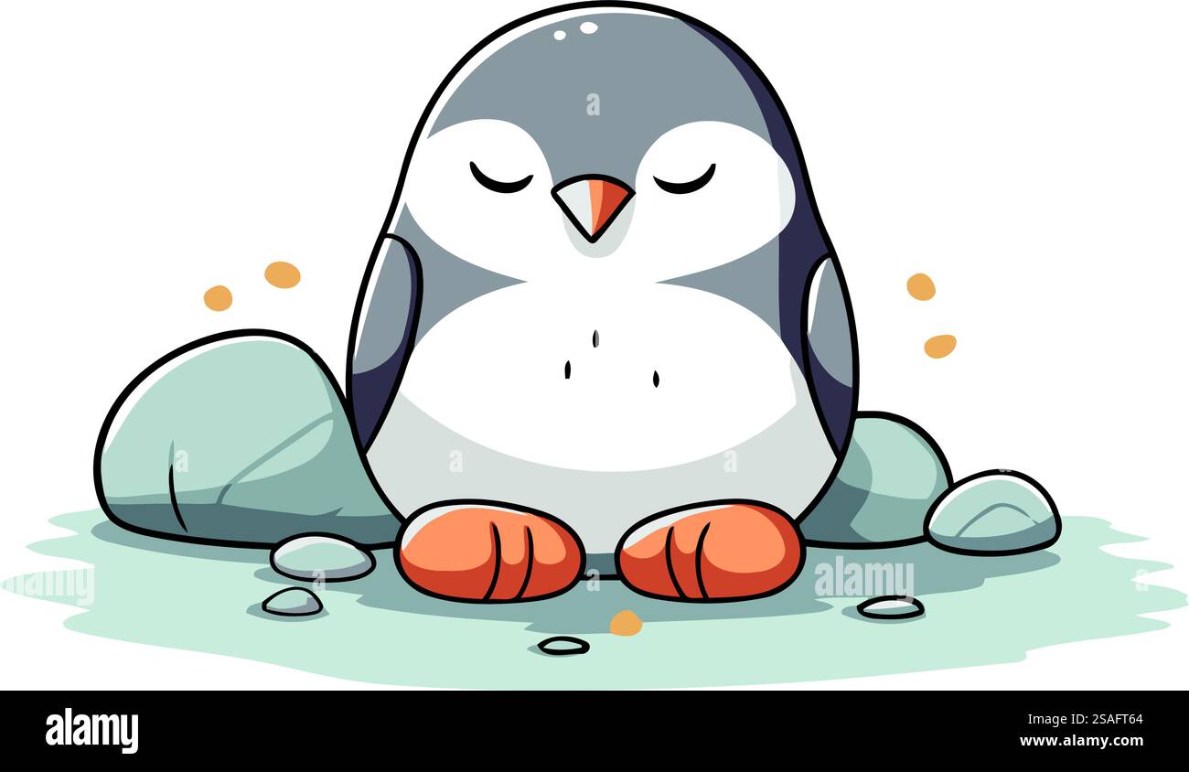 Penguin sitting on rock. Cute cartoon vector illustration Stock Vector ...