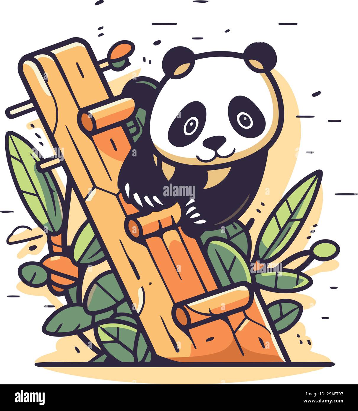 Vector illustration of cute panda bear climbing a wooden fence with ...