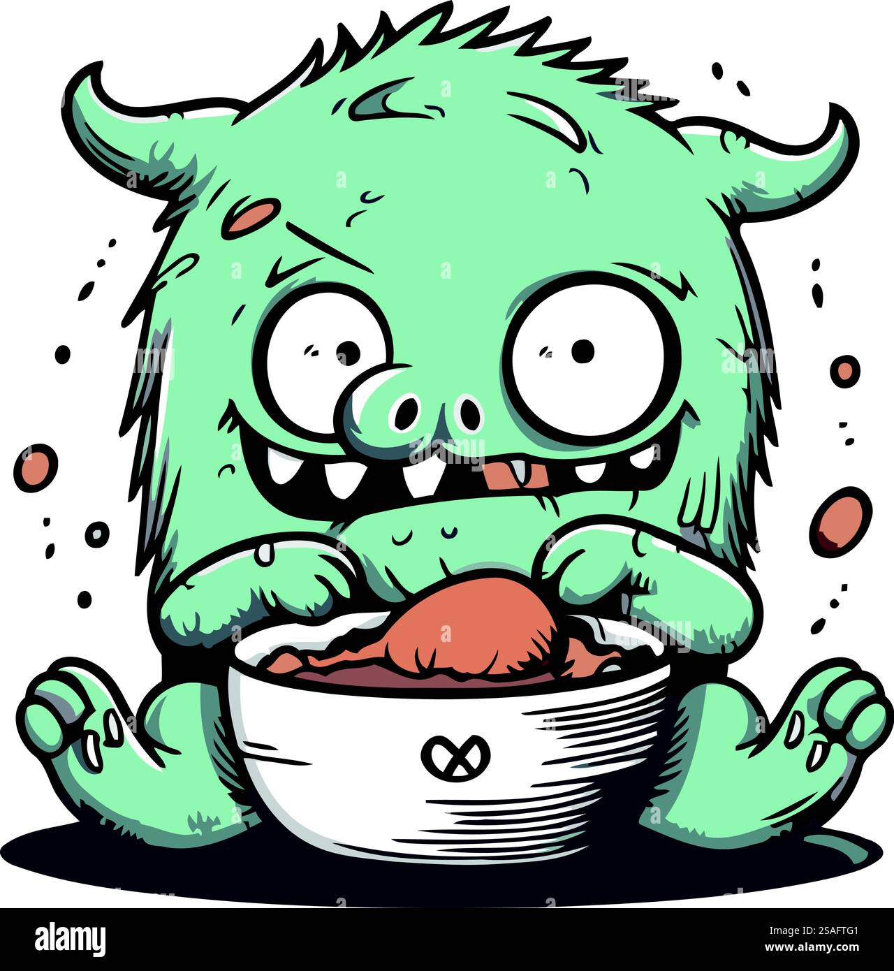 Funny cartoon monster with a bowl of food. Vector illustration Stock ...