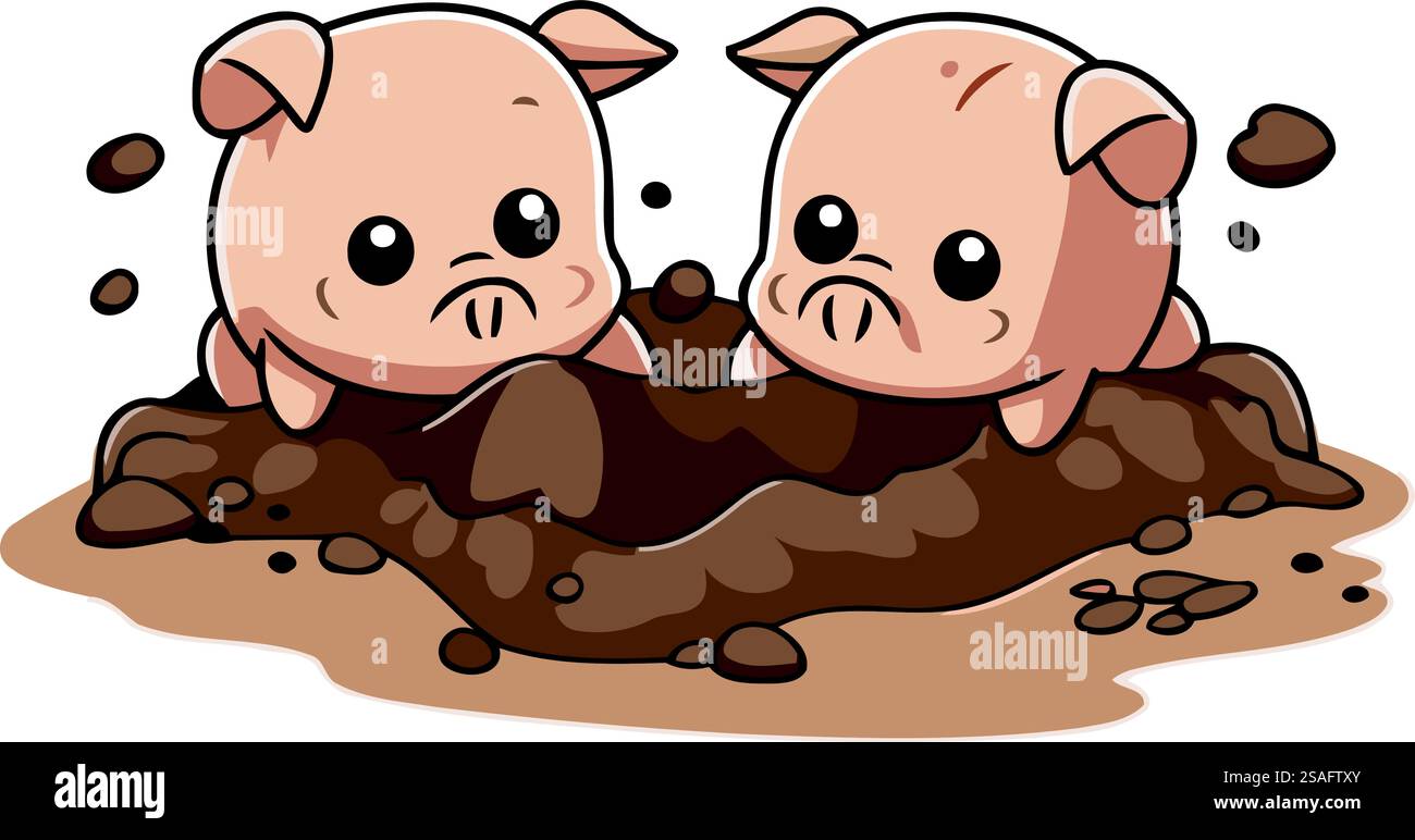 Cute pig and piggy in the mud. Vector illustration Stock Vector Image ...