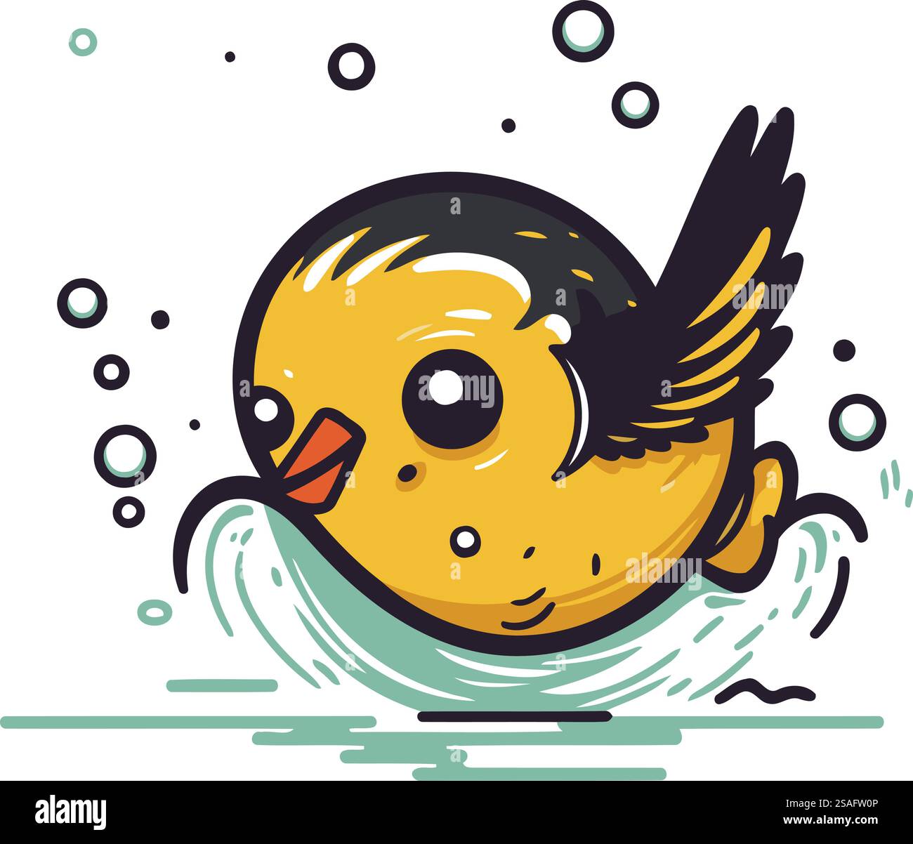Cute little chick flying in the water. Cartoon vector illustration ...