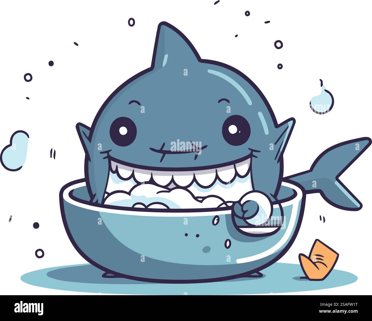 Cute cartoon shark eating fish in a bowl. Vector illustration Stock ...