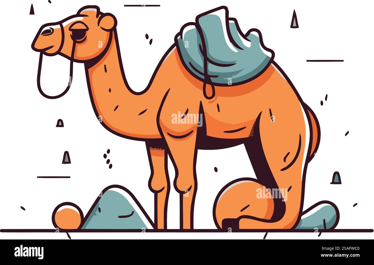 Camel vector illustration in flat line style. Cute camel sitting on ...