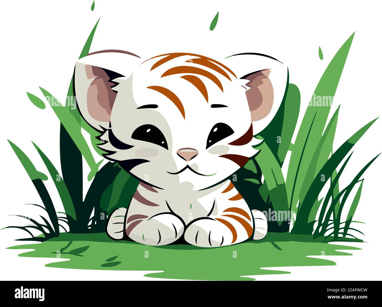 Cute little tiger sitting in grass. Vector illustration isolated on ...