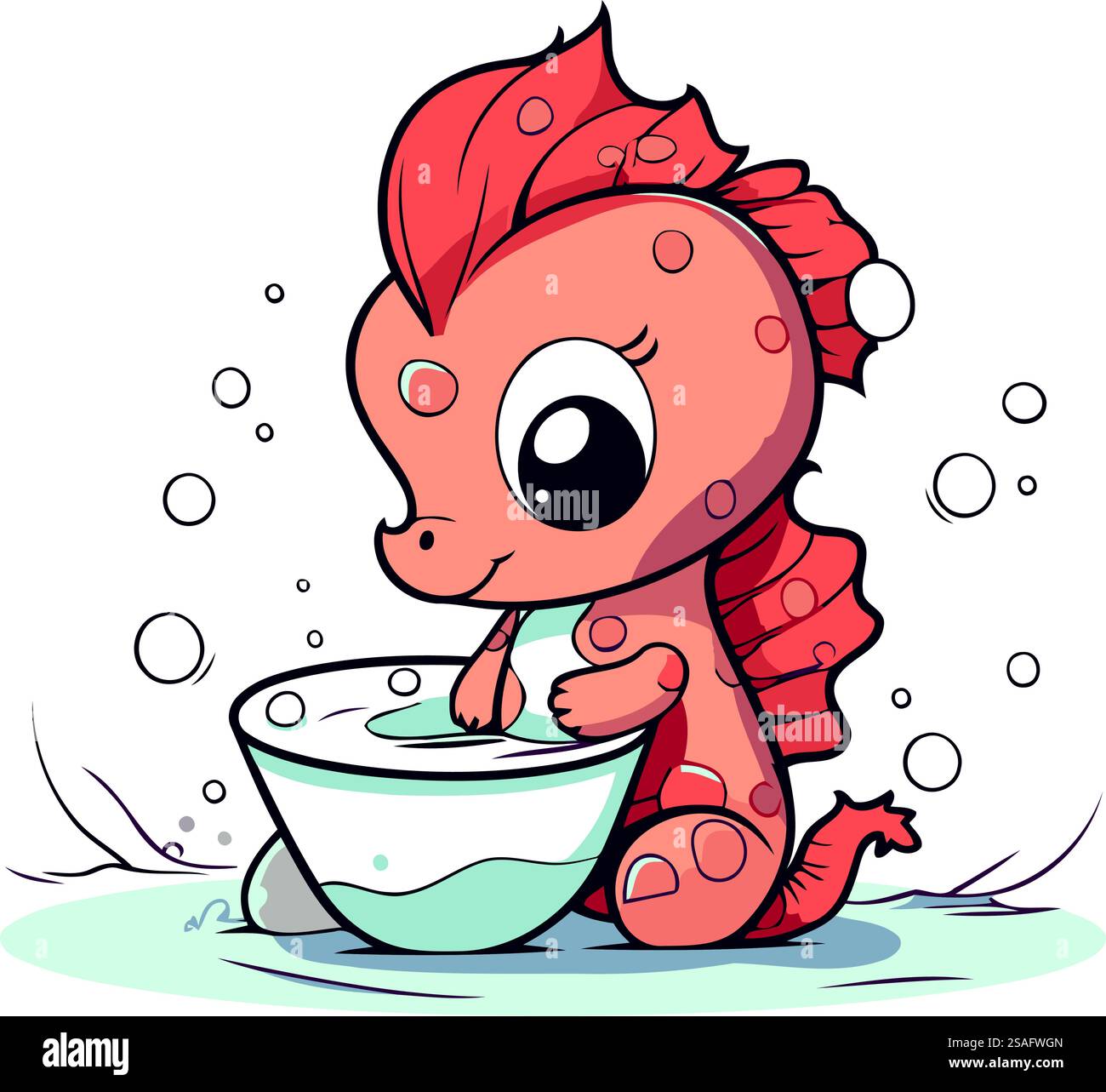 Cute little dinosaur drinking water from a bowl. Vector illustration ...