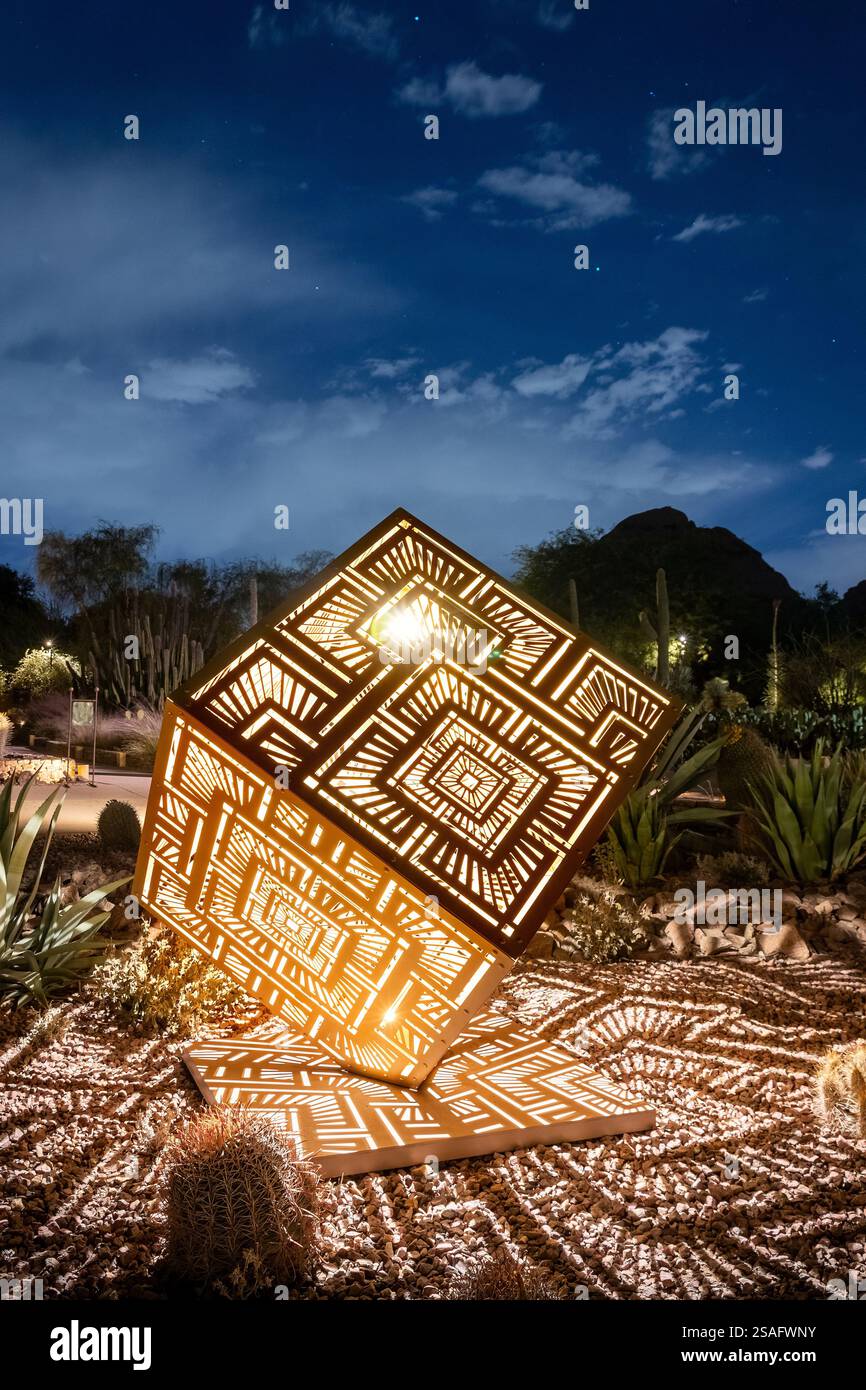 A nighttime view of intricate geometric light sculptures by HYBYCOZO ...