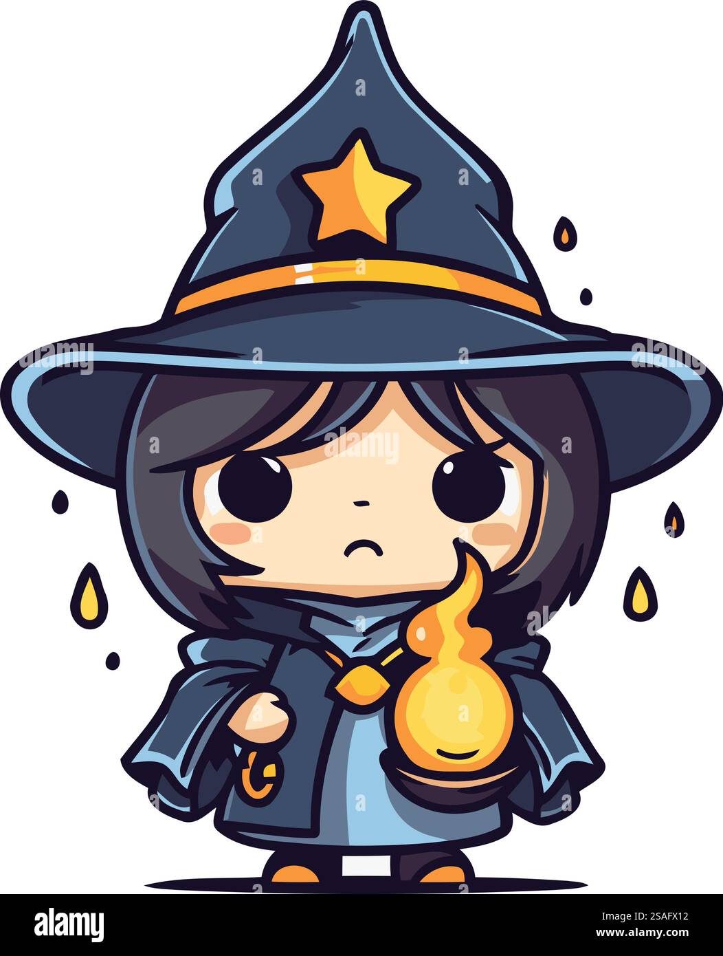 Cute little witch with a candle in her hand. Vector illustration Stock ...