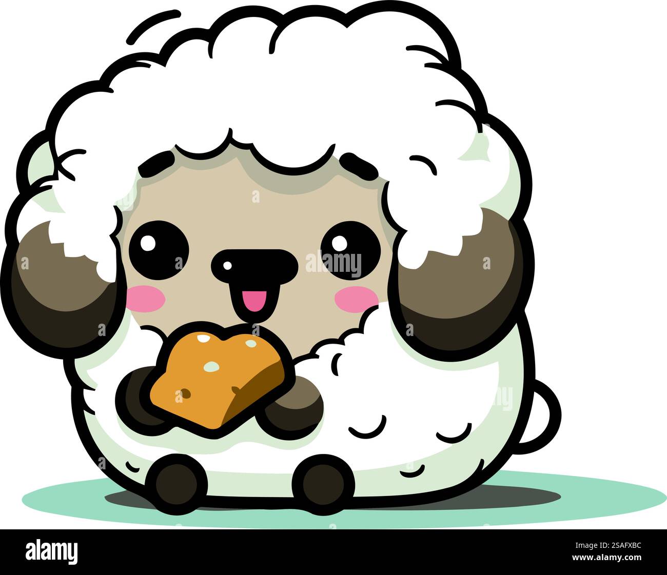 Cute cartoon sheep character eating bread. Vector illustration isolated ...