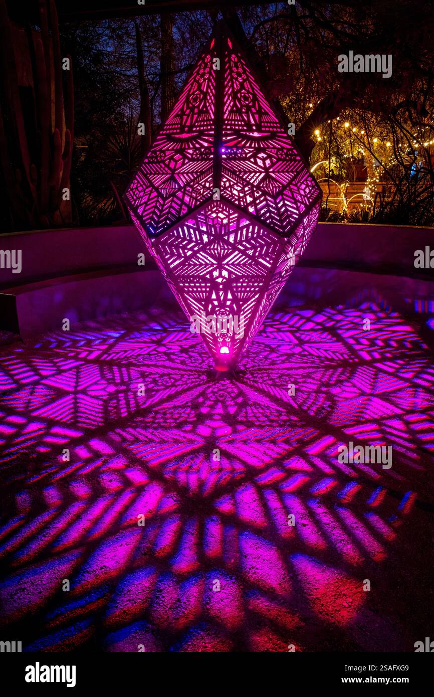 A nighttime view of intricate geometric light sculptures by HYBYCOZO ...